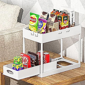 PUILUO Under Sliding Cabinet Basket Organizer, 2 Tier Under Sink Organizers White Under Sink Storage for Bathroom Kitchen