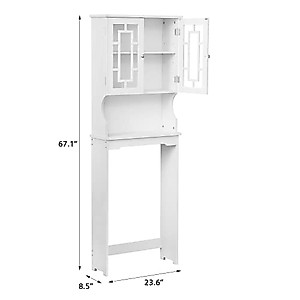 RICHRYCE Over-The-Toilet Storage, Wooden Bathroom Organizer, with 2 Glass Doors & Adjustable Shelf,Over Toilet Cabinets for Bathroom，67.1''L x 23.6''W x 8.5''H,(White)
