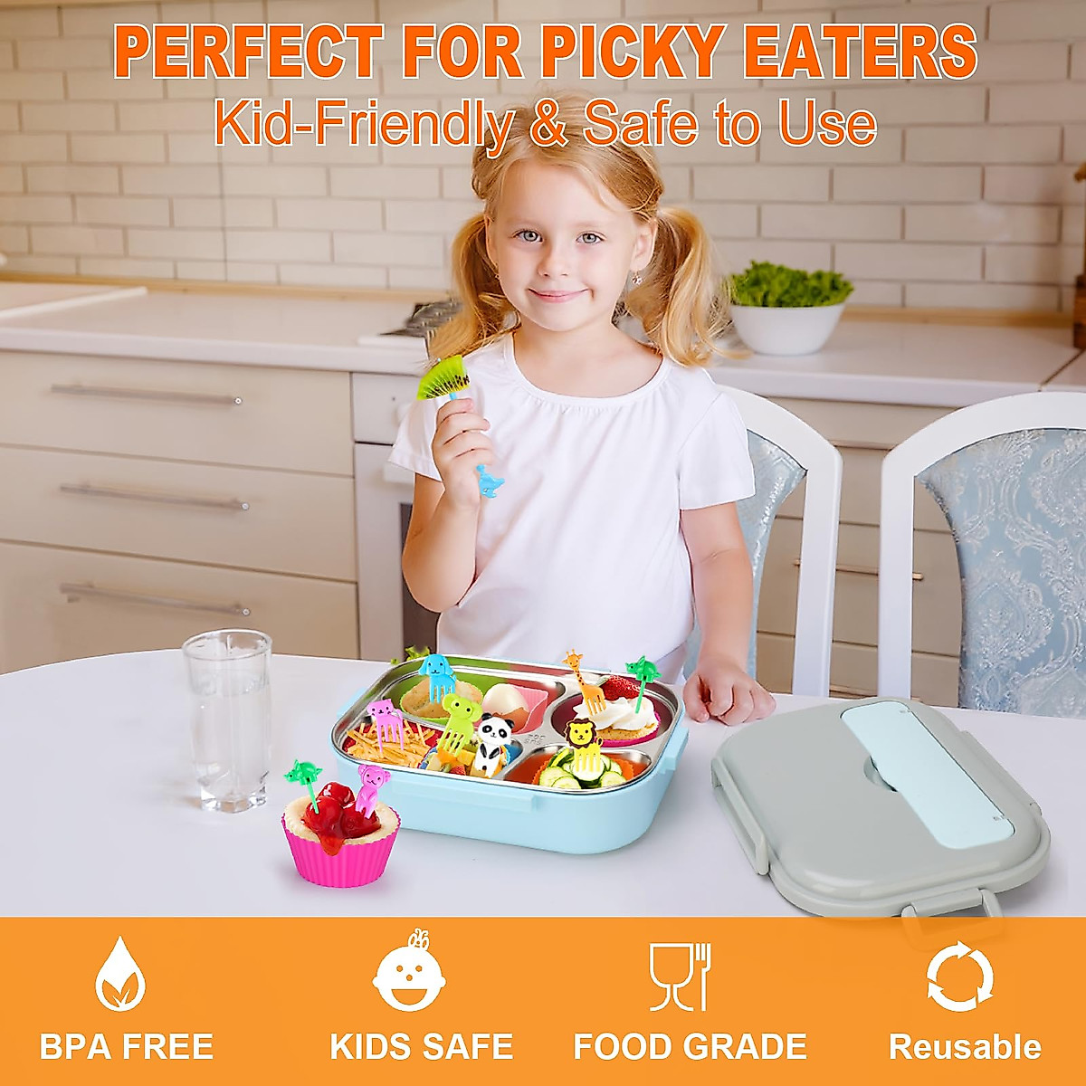 SEANSDA 70 Pcs Silicone Lunch Box Dividers Set, Thicked Silicone Cupcake Liners for Baking, Reusable Lunch Bento Box Accessories with Animal Food Picks for Kids (20 Cupcake Cup + 50 Picks)