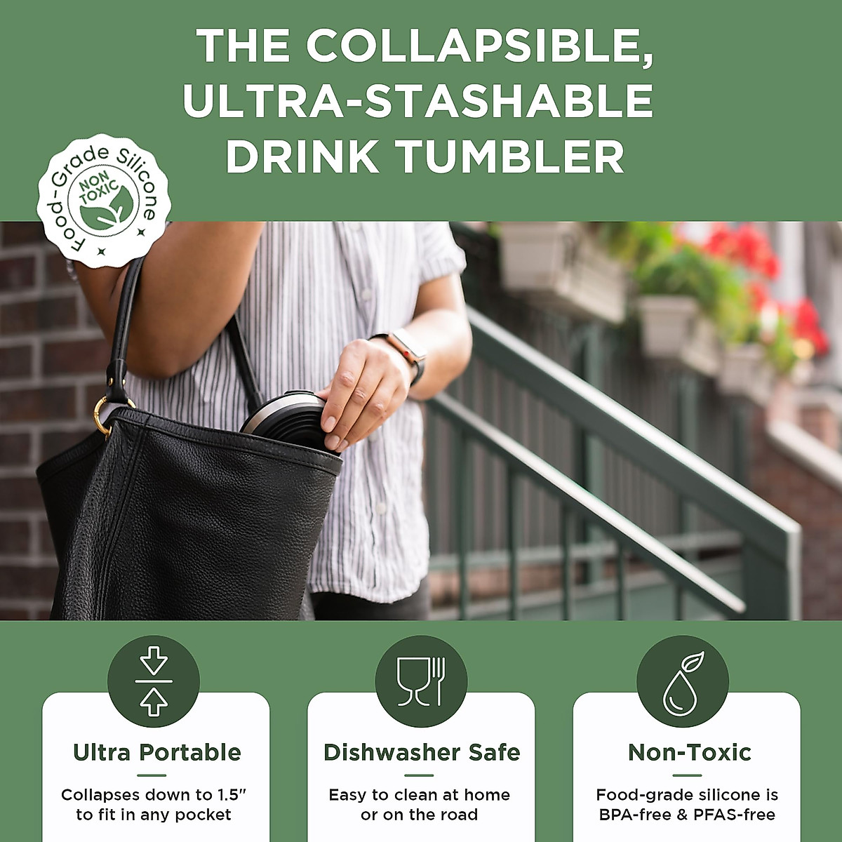 HYDAWAY Collapsible Tumbler with Lid and Straw - 16 oz I Portable, Insulated Silicone Travel Mug, Hot & Cold Foldable Cup for Coffee, Tea, Camping & Backpacking, Spill Proof Lid & Steel Rim