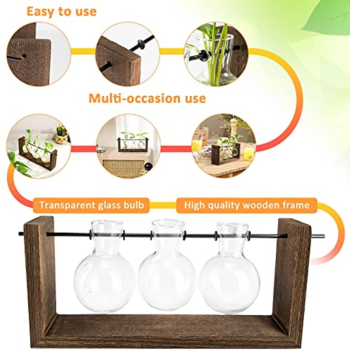 Yangbaga Plant Propagation Stations Terrarium Glass Planter with Wooden Stand 3 Bulb Vases for Hydroponics Indoor Office Desk Home Decor, Plant Holder Gifts