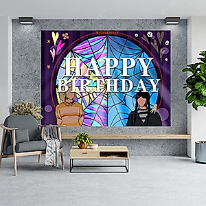 Wednesday Banner Happy Birthday Backdrop Horror Fantasy TV Drama Theme for Wednesday Party Supplies Boys Girls Fans Room Bedroom Playroom College Dorm and Apartment Decor Birthday Party Decorations