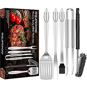 NEARPOW Heavy Duty BBQ Grill Tools Set, 18” Long Handle Grill Utensils Kit, Tongs Spatula Fork Basting Brush Cleaning Brush, Stainless Steel Barbecue Accessories Gift for Men Grilling Cooking Camping