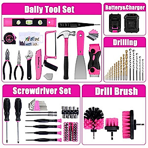 ThinkLearn Tool Kit with 20V Cordless Drill(265in-lbs), Pink Drill Set for Women, Lady's Home Tool Kit for DIY, Daily Repair Tool Set as a Creative Gift with a Large-Capacity Tool Storage Bag