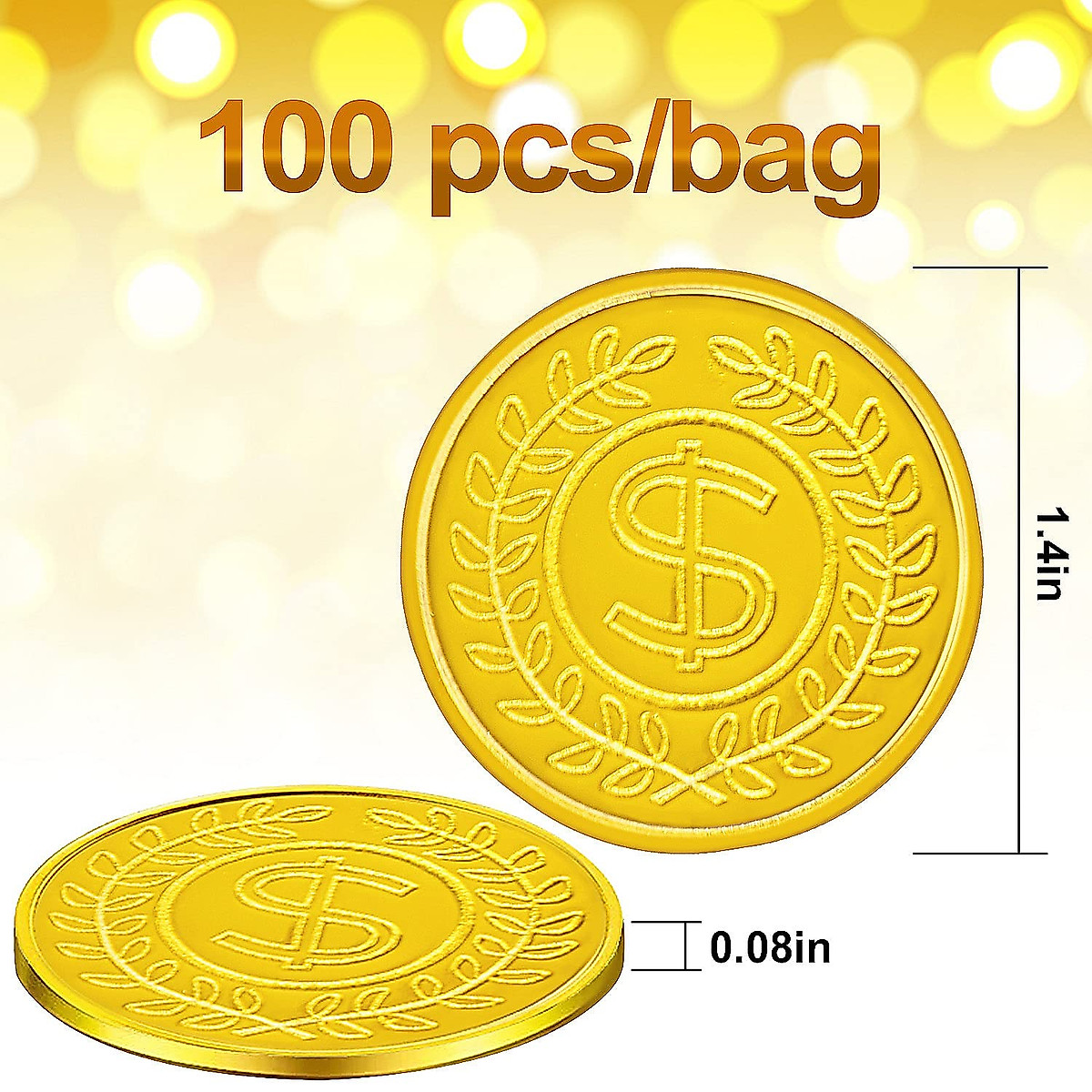 100 Count Plastic Gold Coins Set, Pirate Treasure Gold Play Coins for Kids Party Theme Props Decorations, Lucky Draw Games Treasure Hunt