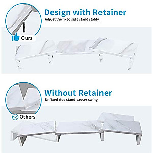 TEMI Dual Monitor Stand Riser with Adjustable Length and Angle, White Slate Texture Computer Monitor Stand, 3 Shelf Desktop Storage Organizer Riser for Laptop/Computer/TV/PC/Printer