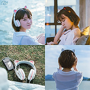 Censi Music Headset Headphone Creative Cat Ear Stereo Over-Ear Game Gaming Bass Headset Noise Canceling Headband Earphone with MIC Rechargeable Port for Bluetooth 4.0 Device (White, Blutooth)