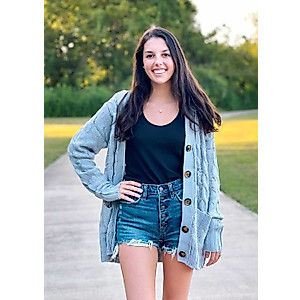 PRETTYGARDEN Women's Open Front Cardigan Sweaters Fashion Button Down Cable Knit Chunky Outwear Coats (Blue,Small)