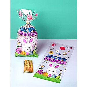 BIGINIWA Easter Gift Bags 50Pcs, Clear Cello Cellophane Plastic Treat Goodie Bags with 50x Twist Ties