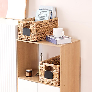 BLEJOY Wicker Storage Basket, Natural Water Hyacinth Baskets for Organizing, Decorative Storage Basket for Shelves with Built-in Handle, Handwoven Wicker Baskets with Letter Plate, 1-Pack