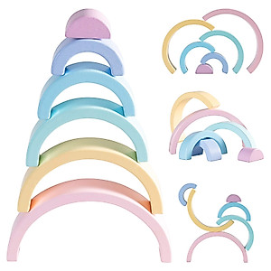 MERRYHEART Wooden Rainbow Small Stacker, 6 Piece Rainbow Stacking Toy for Baby/Toddlers/Kids, Montessori Education Pastel Rainbow Decor, Kindergarten Teaching Aid