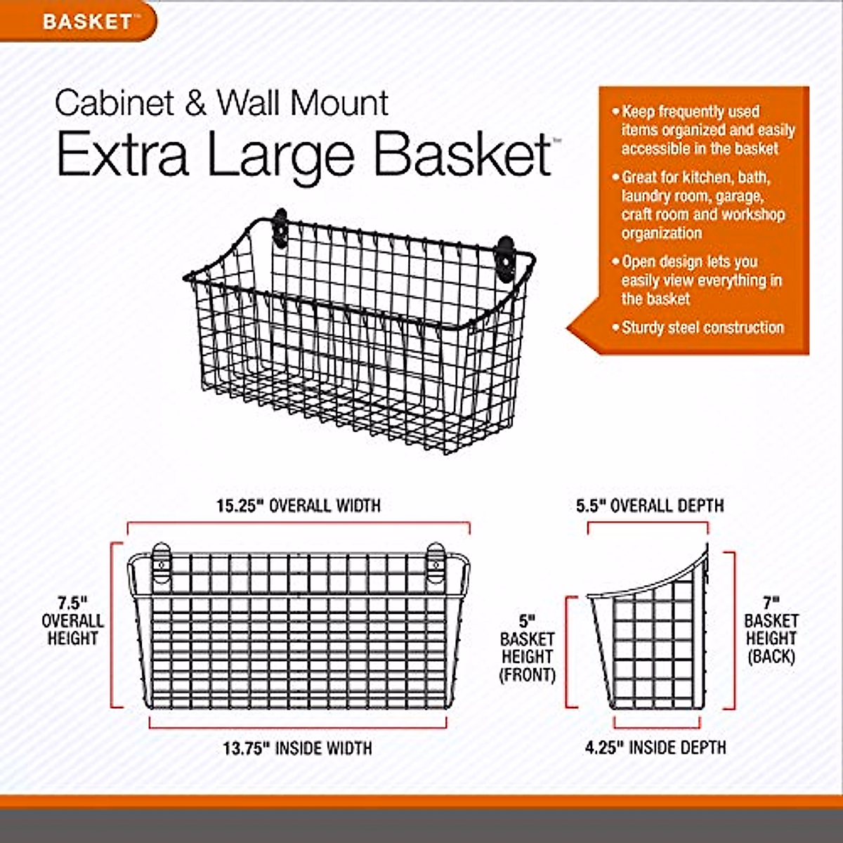 Spectrum Diversified Vintage Wall Mount Storage Basket, X-Large (Pack of 1), Industrial Gray