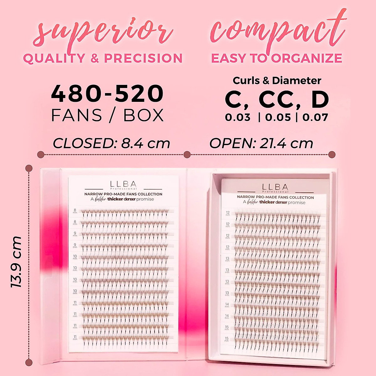 LLBA LashFolio Narrow Promade Fans | Handmade Volume Eyelashes | Multi Selections 5D~10D | C CC D Curl | Thickness 0.03~0.07mm | 8-15mm Length | Long Lasting & Easy Application (10D-0.03 D 8mm-15mm)