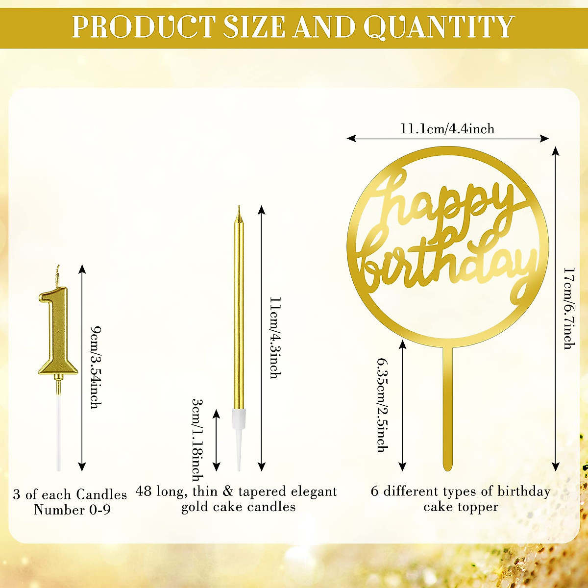 Shihanee 84 Pcs Birthday Candles Set, 30 Birthday Numeral Candles 0-9 Cake Candles, 48 Birthday Party Long Thin Cake Candles Metallic, 6 Happy Birthday Cake Toppers for Wedding Christmas(Gold)