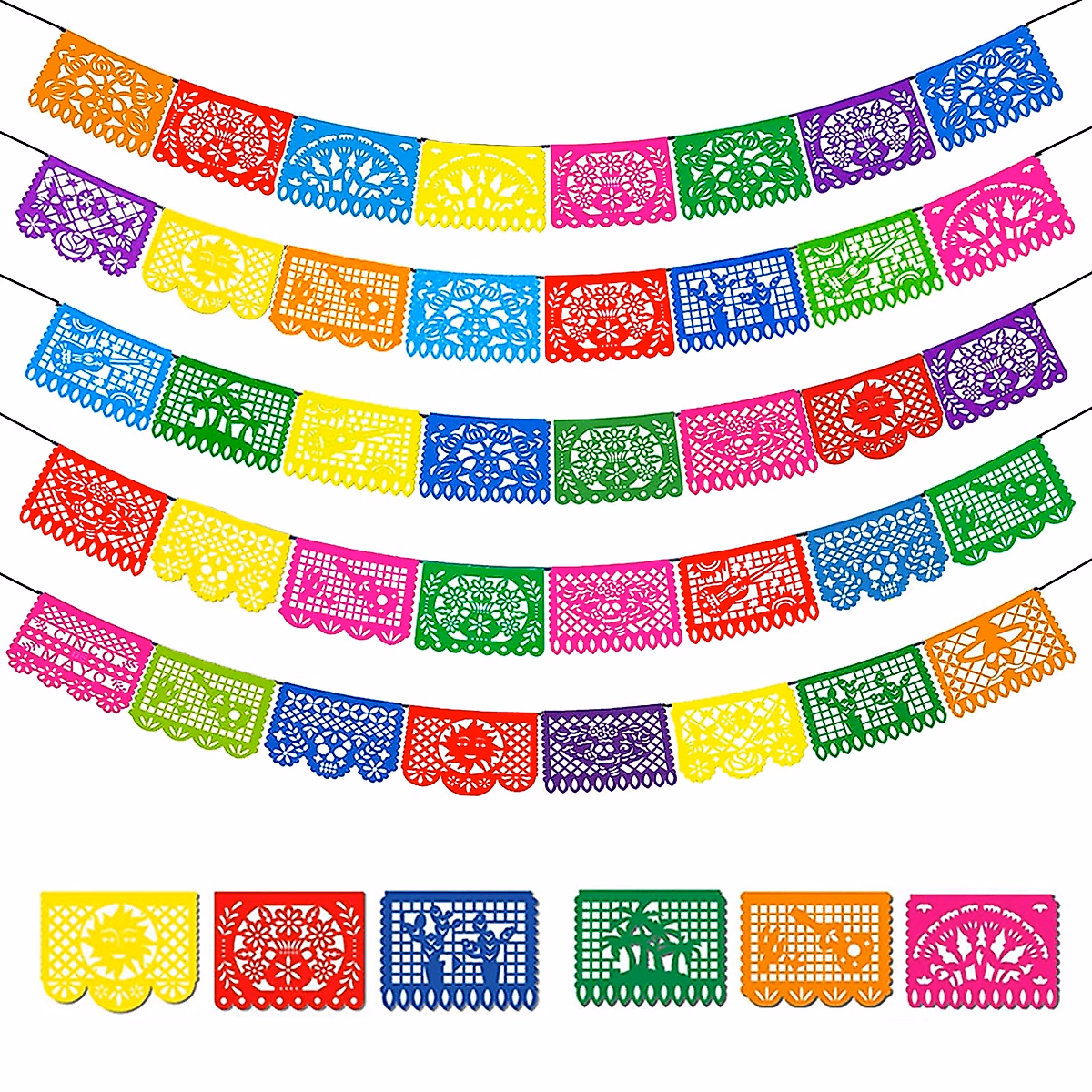 KUCHERI 5 Packs 85Ft Mexican Party Banners, Mexican Themed Party Decorations, Plastic Papel Picado Banner, For Fiesta Party Decorations, Cino de Mayo, Day of The Dead, 85 Feet Long Total