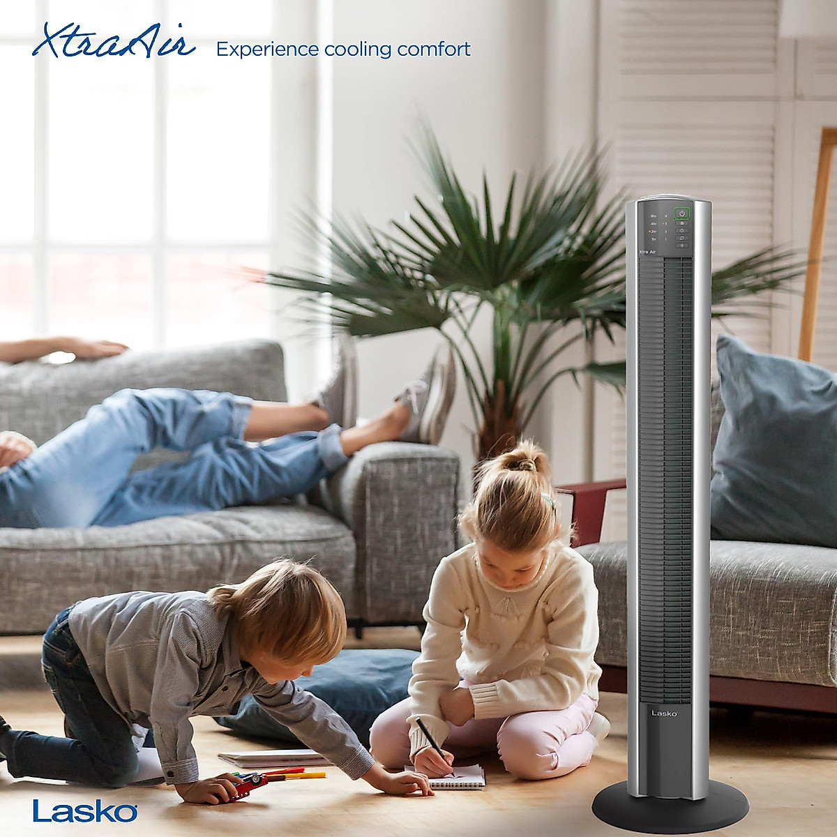 Lasko XtraAir 48 Inch Widespread Home Oscillating Tower Fan with Electronic Controls, Remote, 8 Hour Timer, and Nighttime Setting, Silver