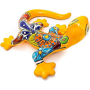 Enchanted Talavera Pottery Hand Painted Mexican Ceramic Garden Creatures Gecko Salamander Frog Butterfly Dragonfly Animals Butterflies Reptiles Wall Décor Art (Medium 10 x 9 Marigold)