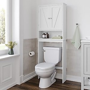 Flash Furniture Dune Farmhouse Over The Toilet Bathroom Storage Organizer with Magnetic Closure Doors, Adjustable Cabinet, Open Lower Shelf, Set of 1, White