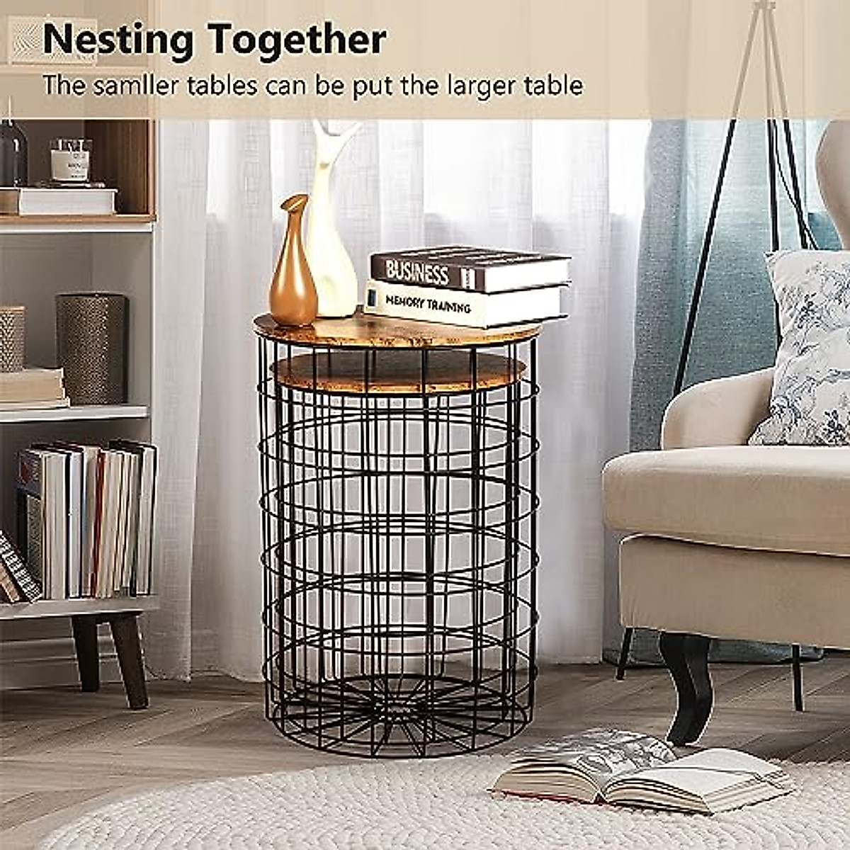 Jolydale Nesting End Table with Storage, Side Tables Wire Basket Table with Lid, Round End Table with Removeable Top and Steel Frame for Living Room, Bedroom, Office, (Brown)