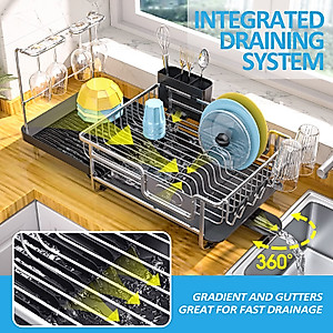 KINGRACK Expandable Dish Drying Rack,Aluminium Foldable Dish Racks for Kitchen Counter,Adjustable Dish Drying Rack with Drainboard Set Swivel Spout,Removable Utensil Holder,Cups Holder,Black