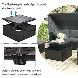BIADNBZ Outdoor Patio Furniture Sofa Daybed with Retractable Canopy, Lift Up Side Table, Ottoman and Washable Cushions, Wicker Rectangle Couch Sets for Garden Backyard, Grey Rattan&Cushions
