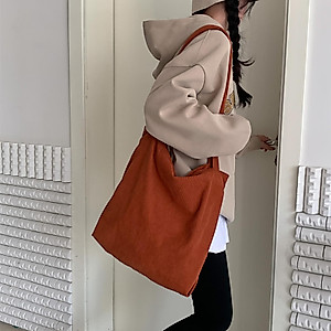 ALUWU Corduroy Tote Bag for Women Corduroy Purse with Front Pocket and Zipper Shoulder Hobo Handbags Simple Canvas Purse, Brown