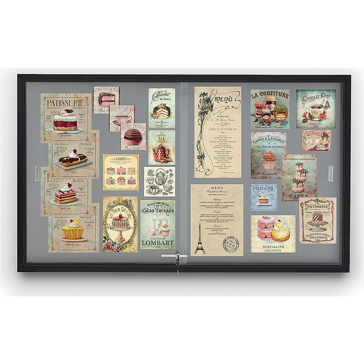 Displays2go 5' x 3' Indoor Bulletin Board, Locking Slide Doors, Gray Tackboard - Black (FBSD63BKGLG)