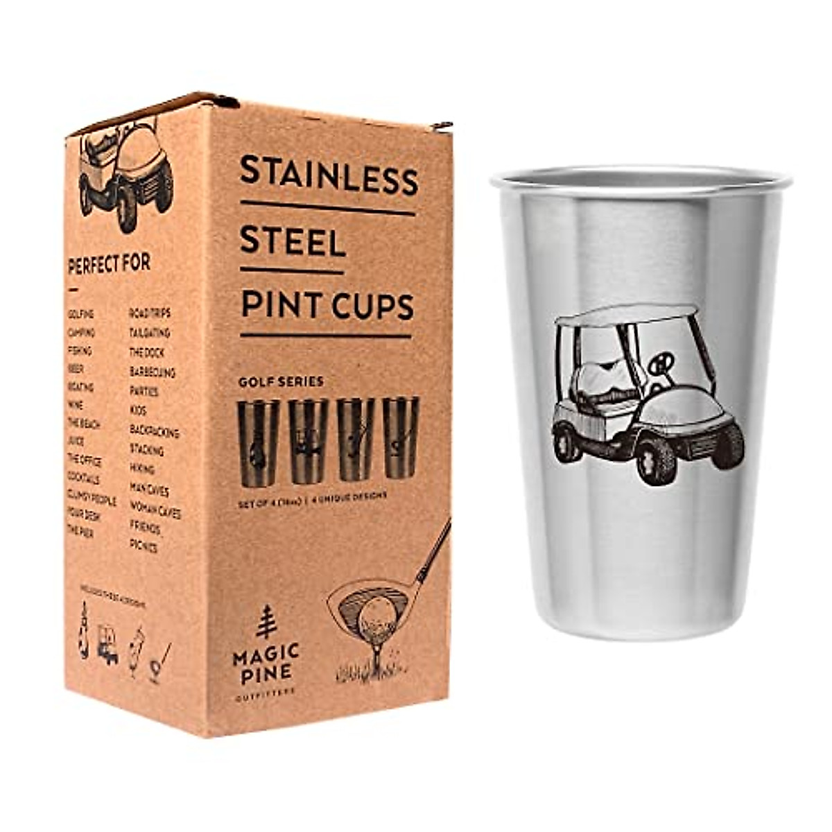 Golf Stainless Steel Pint Cups (Set of 4) - Unique Birthday, Christmas, or Father's Day Stackable Mug Gift for Men, Dads, and Coffee Lovers