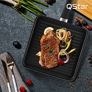 Qstar Nonstick 10.5 inch Grill Pan for Stove Tops Hard-Anodized Aluminum PFOA Free, Square, Black