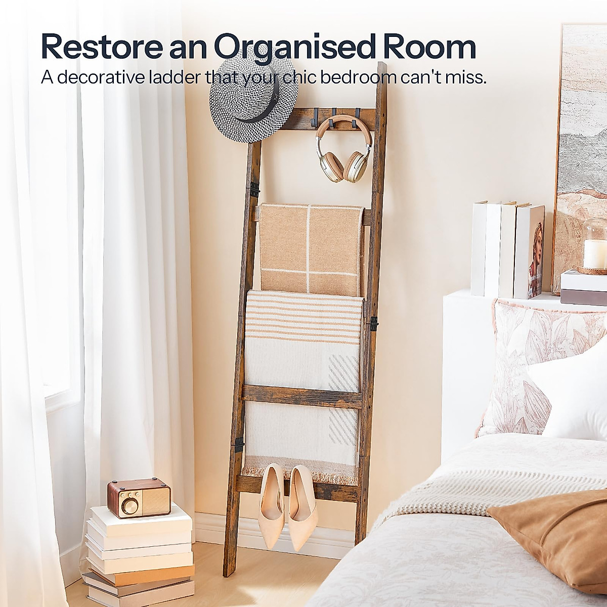 HOOBRO Wooden Blanket Ladder Shelf for Living Room, 5.2FT(63''), 5-Tier Towel Rack with Hooks, Farmhouse Decorative Blanket Rack Holder, Bathroom, Bedroom, Rustic Brown and Black FG161CJ01G1