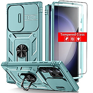 Pompvla for Samsung Galaxy S23 Ultra Case with Tempered Glass Screen Protector with Magnetic Kickstand Car Ring&Camera Cover Military Grade Drop Shockproof Rugged Heavy Duty Protection Men 6.8'' Green