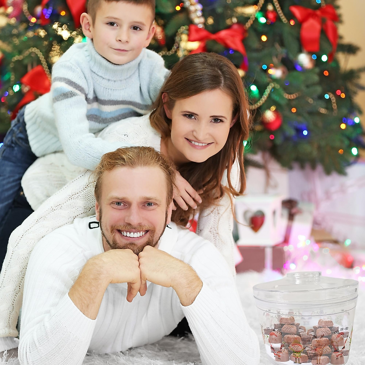 EB (4) Christmas Themed Stackable Plastic Containers with Lids 12.5 oz for Cookies Snack Candies Treats Food Storage Holiday Jars Home Kitchen Cabinet Organizer Gift Set Supplies (Design may Vary)
