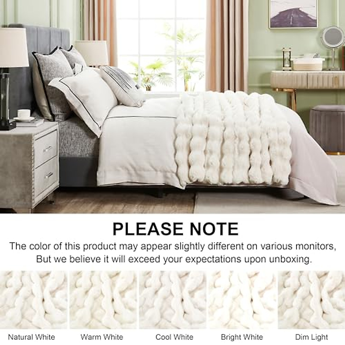 DREAMNINE Decorative Soft Thick Fuzzy Faux Rabbit Fur Throw Blanket for Couch Sofa, Reversible Plush Warm Fleece Fluffy Blanket for Winter, Luxury Cute Cozy Furry Blanket for Bed,50" x 60",Cream White