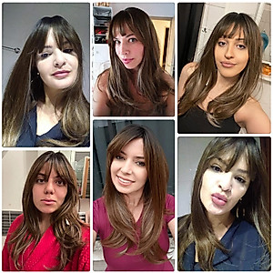 HAIRCUBE Brown Wigs for Women Long Straight layered Wig with Bangs Highlight Colour Heat Resistant Fiber Synthetic Wigs Daily Natural looking