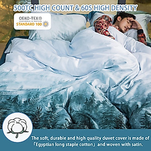 MILDLY 100% Long Staple Cotton Mountain Duvet Cover Set, Blue Green Gradient Trees Pattern Printed Comforter Cover Set