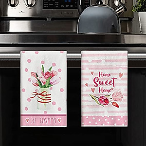 Artoid Mode Home Sweet Home Love Pink Tulip Mother's Day Kitchen Towels Dish Towels, 18x26 Inch Be Happy Flower Vase Decoration Hand Towels Set of 2