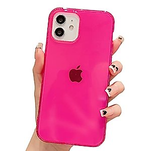 OWLSTAR Cute Neon Clear Soft Case for iPhone 12 Pro 6.1 inch & iPhone 12, Flexible Slim TPU Shockproof Transparent Bumper Protective Phone Cover for Women and Girls (Hot Pink)