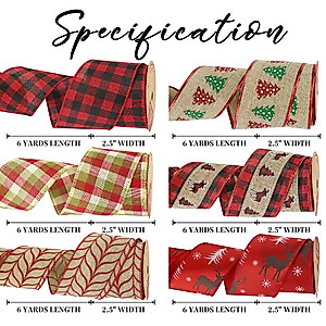 MEEDEE Burlap Wired Ribbon 2.5 Inch 6 Rolls 36 Yards Buffalo Plaid Ribbon for Wreaths, Tree Decorations, Ribbon Garland