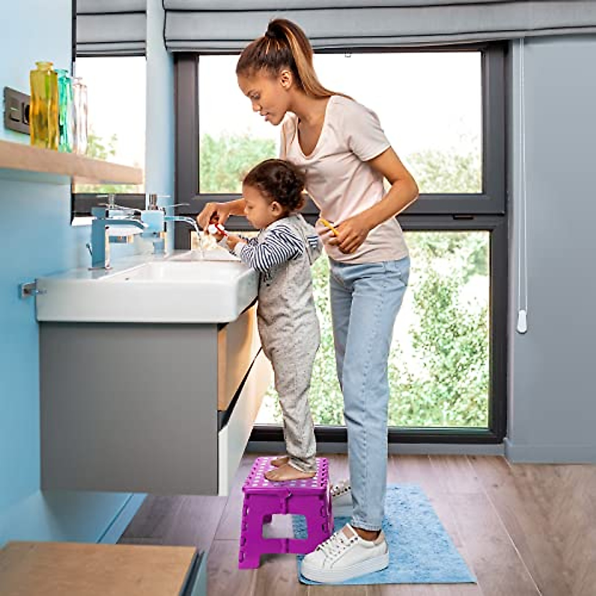 Korpai 9" Folding Step Stool for Adults and Kids Holds Up to 300 lbs,Non-Slip Folding Stools with Portable Handle, Compact Plastic Foldable Step Stool for Bathroom,Bedroom, Kitchen,Purple,1PC