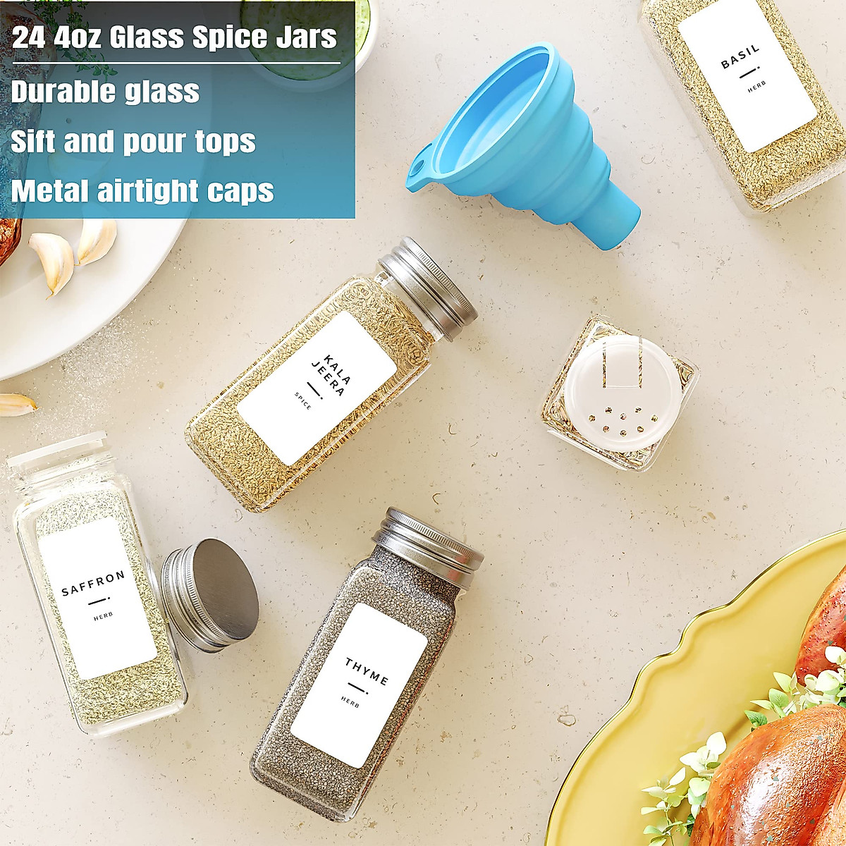 Neatsure 2 Pack Magnetic Spice Rack with 24 Spice Jars, 400 Spice Labels and Funnel, Alternative to Magnetic Spice Tins Containers, Refrigerator Fridge Shelf Organizer