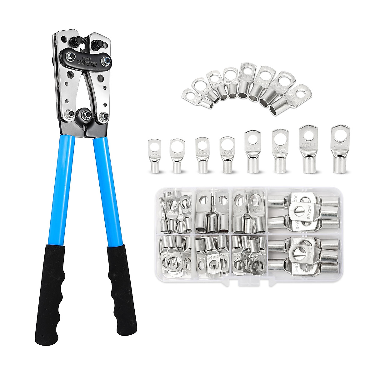 HKS Battery Cable Lug Crimping Tool 10-1 AWG with 60Pcs Copper Ring Terminals 8 Sizes Cable Lugs Set, Heavy Duty Wire Crimper