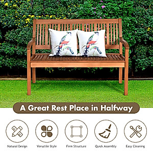 DORTALA 50'' Patio Wooden Bench, Eucalyptus Wood Loveseat with Ergonomic Backrest, Curved Armrests, Sloping Seat, Garden Slatted Bench, Ideal for Patio, Porch, Yard, Lawn, 705 lbs Weight Capacity