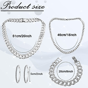 5 Pcs Hip Hop Jewelry Set with Miami Link Chain Necklace Bracelet Bling Crystal Diamond Watch Rhinestone Earrings (Silver, Women)