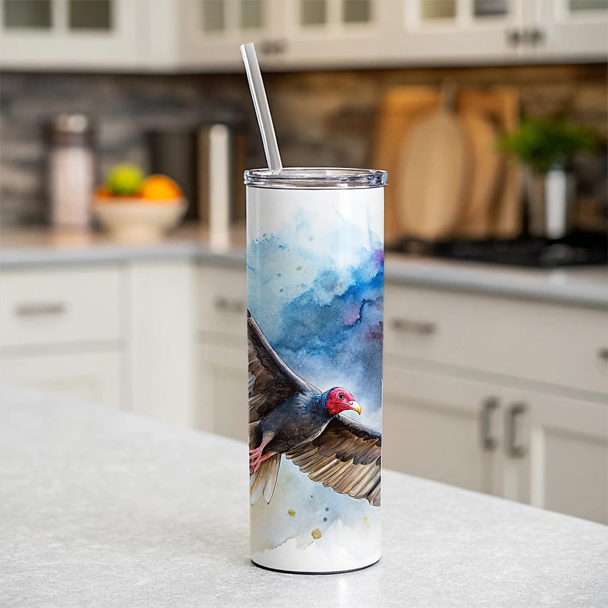 Black Turkey Vulture In Flight Watercolor Skinny Tumbler 20oz with Straw Insulated Water Bottle Gift