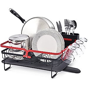 TOOLF Dish Drying Rack, 360° Swivel Spout Design Dish Rack with Drain Board for Kitchen Counter, Rust-Proof Dish Rack with Utensil Holder and Cup Holder for Tableware