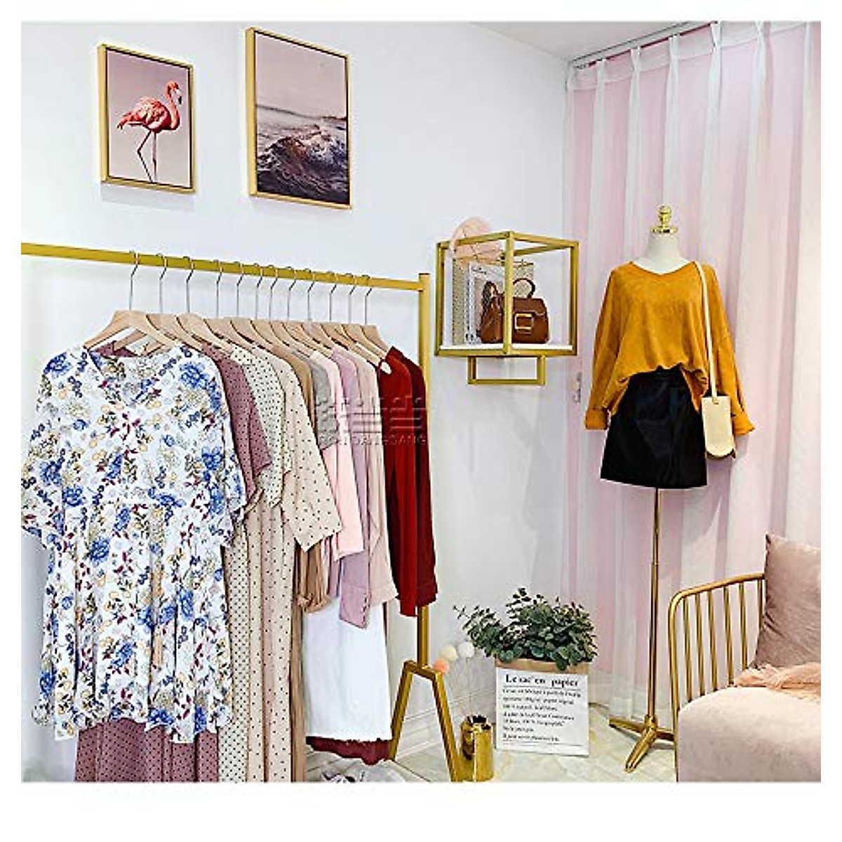 FONECHIN Retail Clothing Racks Modern Garment Rack with Wooden Shelves Iron Pipe Racks for Hanging Clothes Heavy Duty Wardrobe Closet Rack Gold 47"