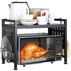 loyalKBS Extendable Microwave Oven Rack 2 Tier Adjustable Shelf Bakers Rack for Kitchens Countertop Appliance Shelf with 4 Hooks and Pot Lid Support, Black