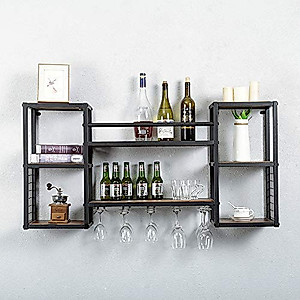 Industrial Hanging Wine Rack Wall Mounted with 5 Stem Glass Holder,47.2in Rustic Wine Glass Rack Wall Mount,Wine Bottle Holder Wall Shelf Wood Shelves,Wine Glass Shelf Metal Floating Bar Shelves