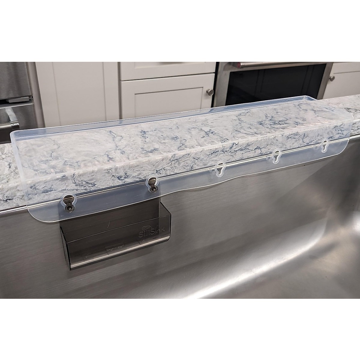 SiliSink XL Silicone Sink Edge Guard for Kitchen Sink - Fits 3.75” - 4” Wide - The Original Silicone Sink Edge Protector with Sponge Caddy - Splash Guard, 20” Clear Diamond