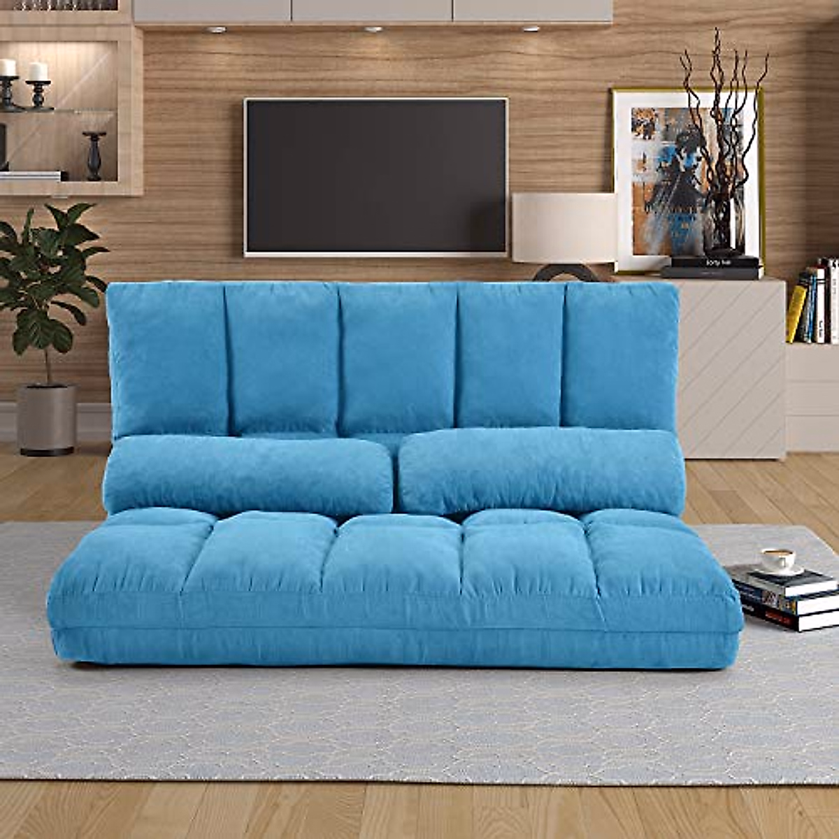 TMEOSK Double Chaise Lounge Sofa with 2 Pillows, 5-Position Reclining Folding Lazy Sofa Sleeper Bed Futon Bed Sofa Couches for Boys|Girls|Teens|Adults |Bedroom|Living Room|Balcony (Blue)